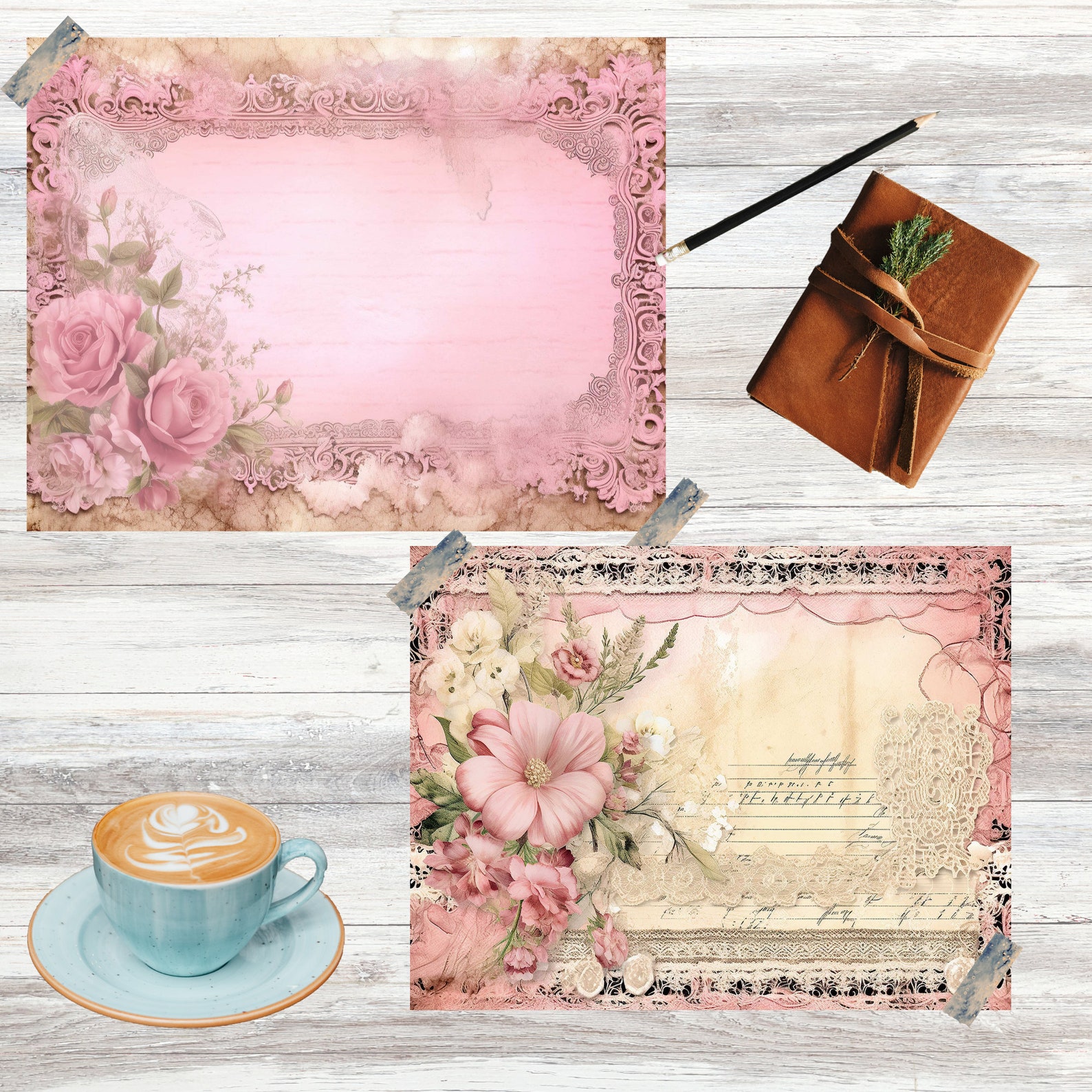 Junk Journal Printable, Pink Flowers and Lace Vintage Journal Pages ...