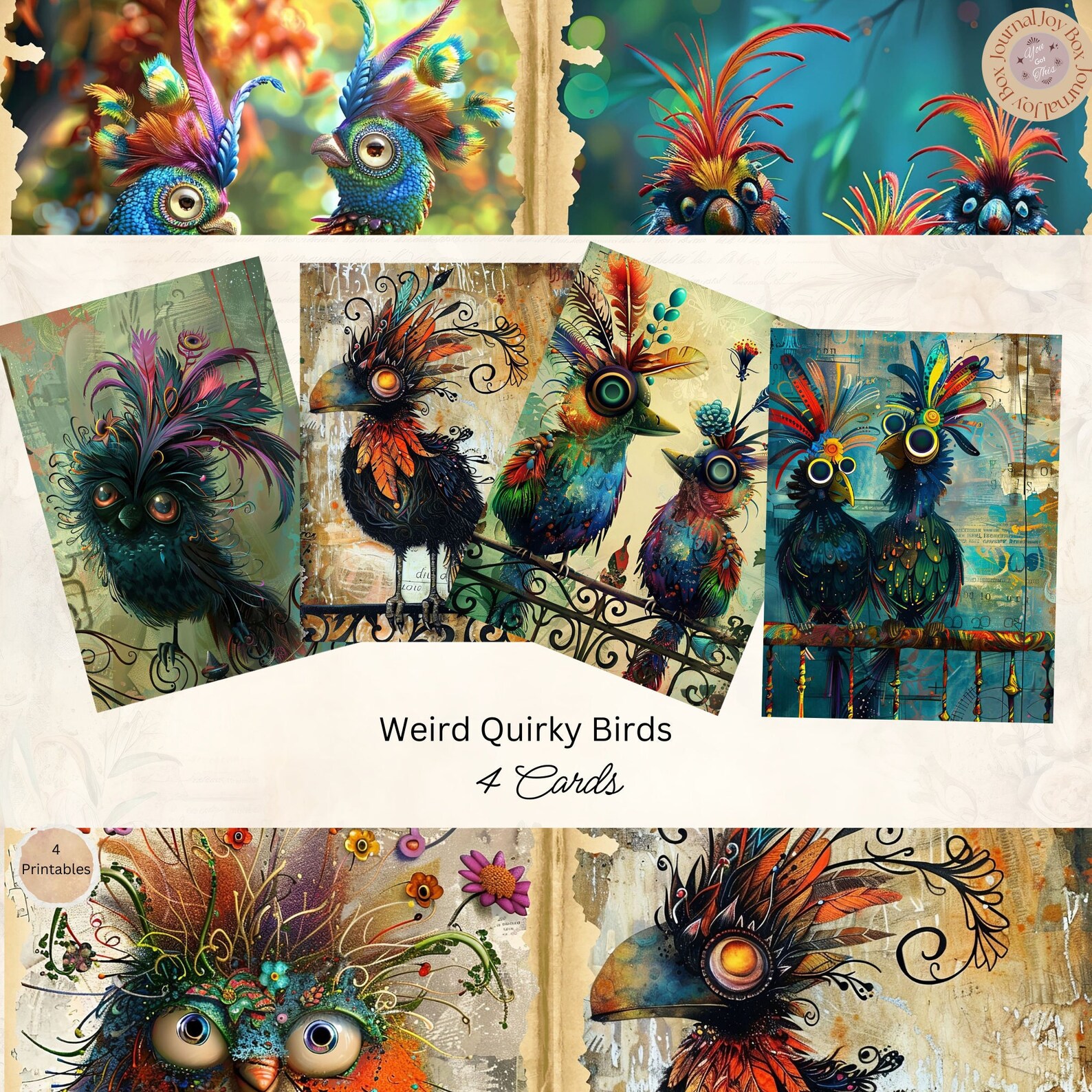 Weird Quirky Birds Junk Journal Cards, 4 Cards, Birds Printable ...
