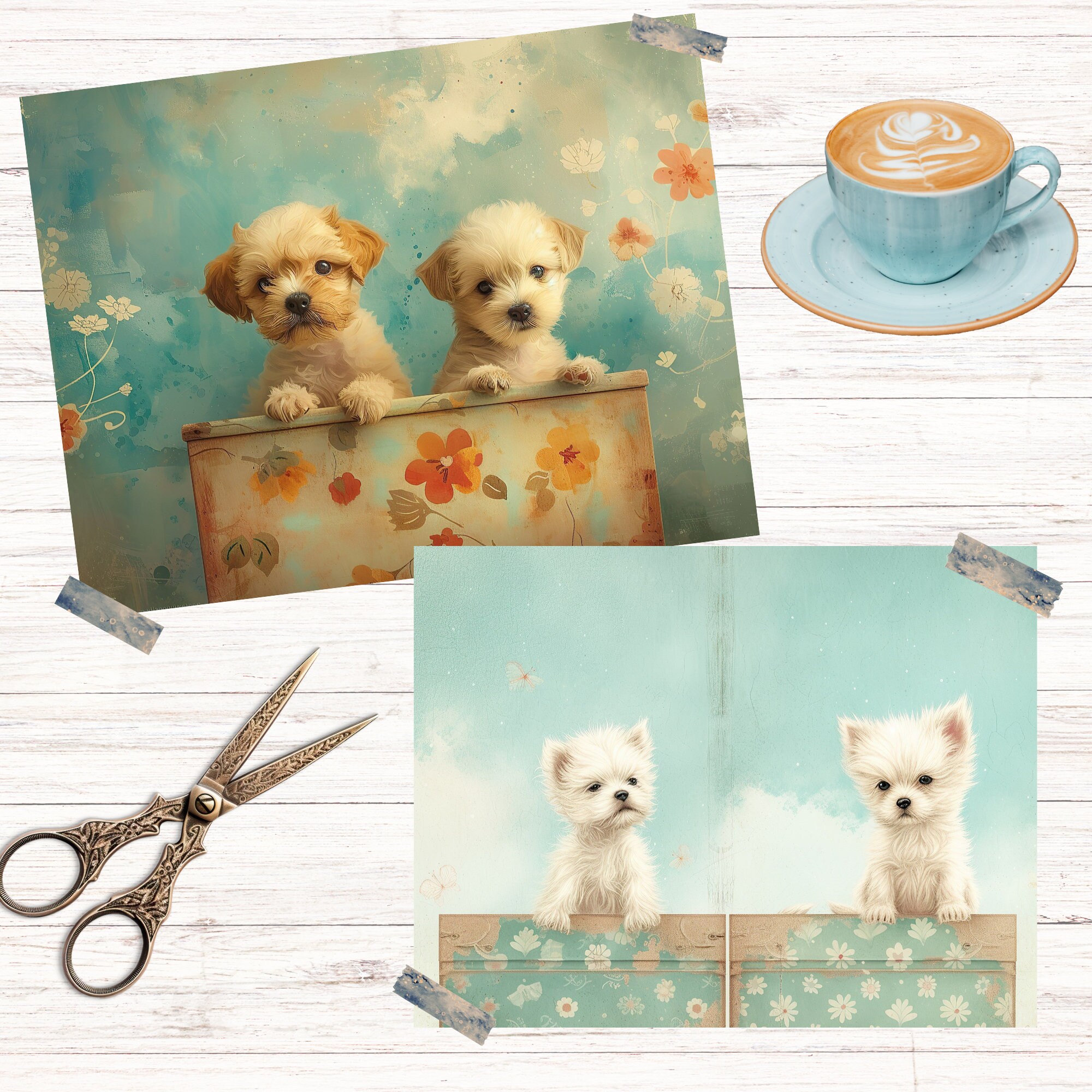 Junk Journal Printable, Puppies on a Box, Vintage Journal Paper ...
