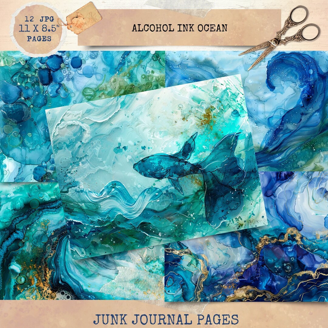 Junk Journal Printable, Alcohol Ink Journal Papers, Ocean Texture Junk ...