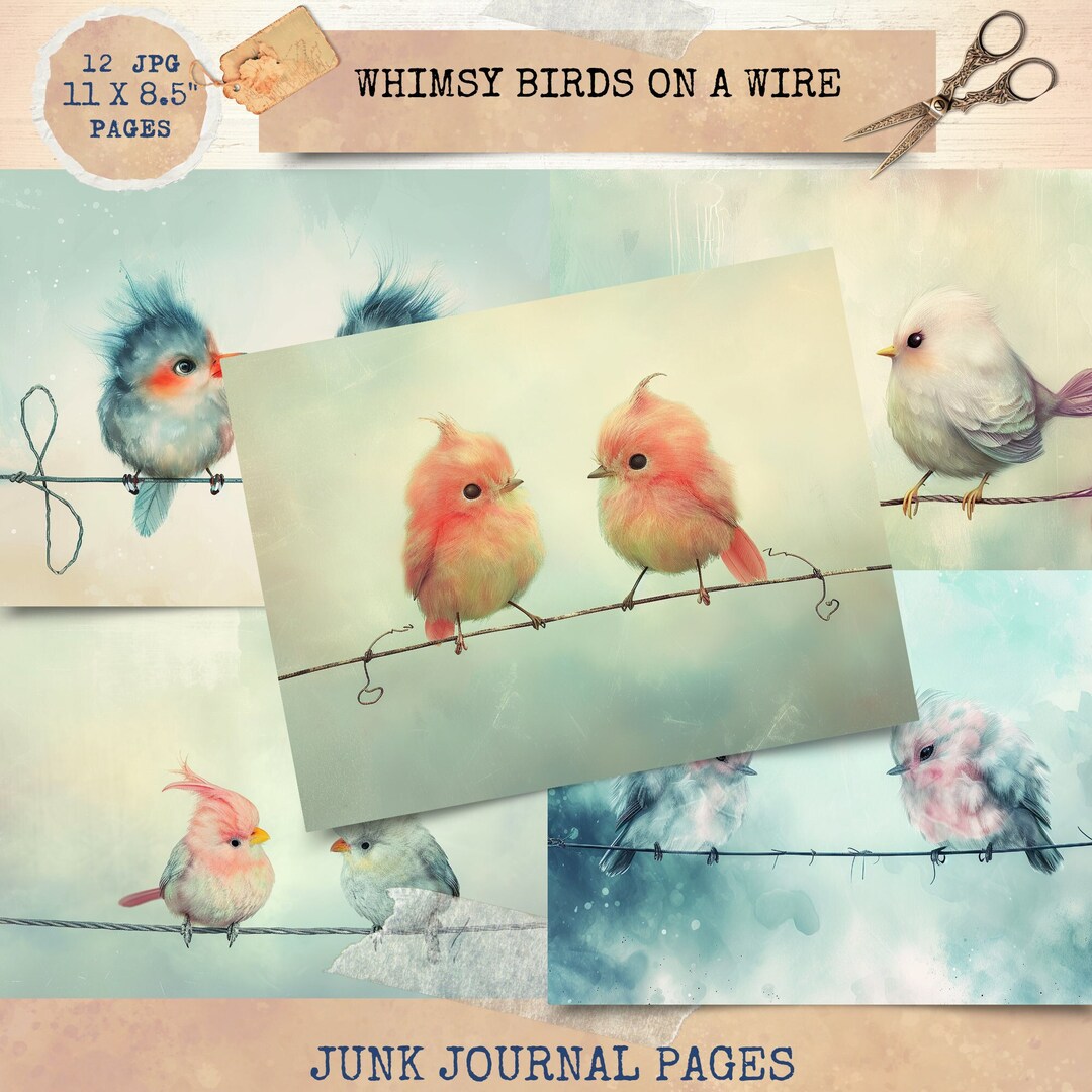 Junk Journal Printable, Birds on a Wire, Vintage Journal Paper, Whimsy ...
