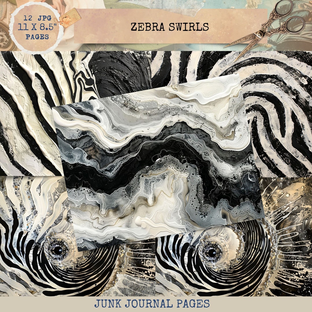 Junk Journal Printable, Zebra Swirl Junk Journal, Journal Papers, Zebra ...
