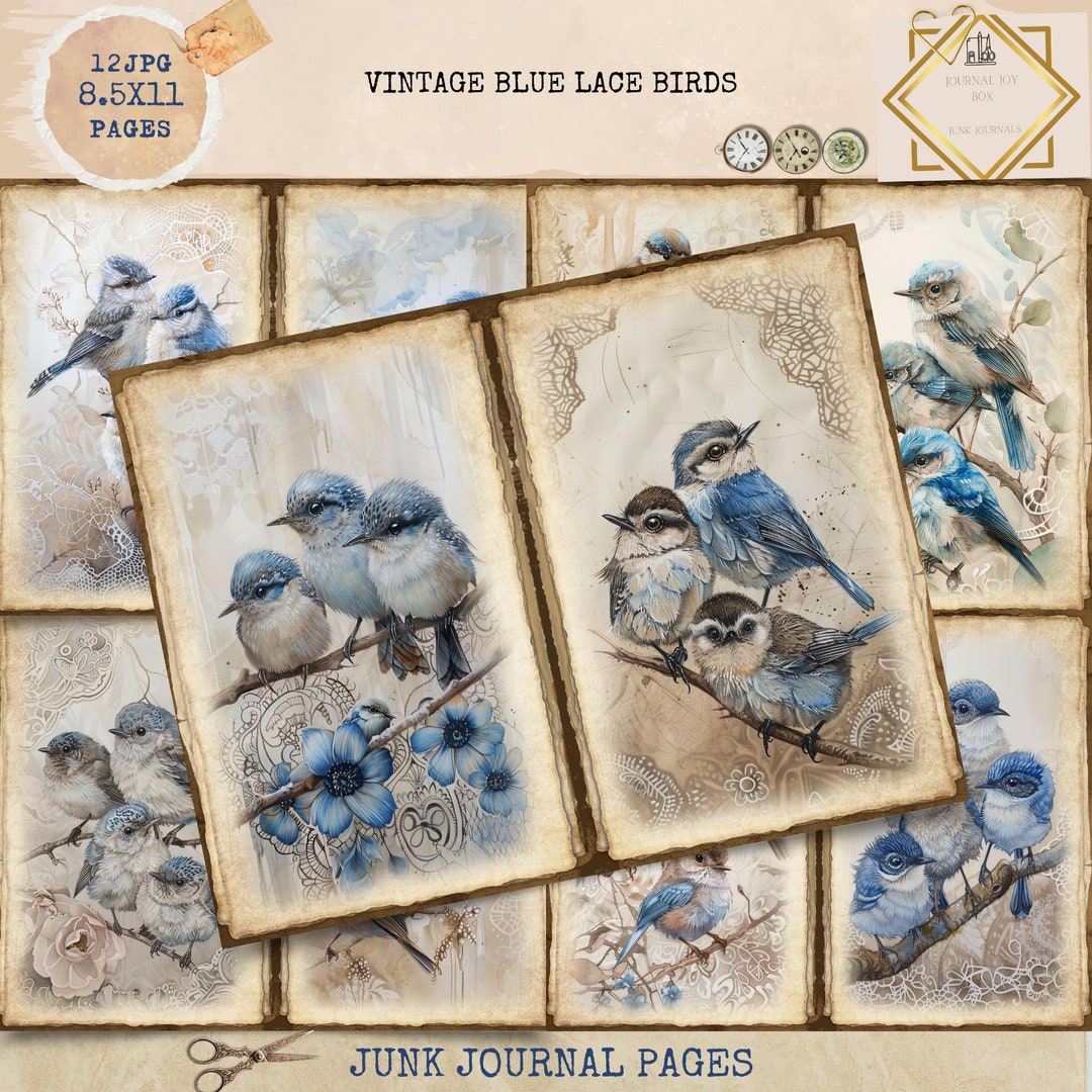 Junk Journal Printable, Vintage Blue Birds Pages, Cute Birds Junk ...