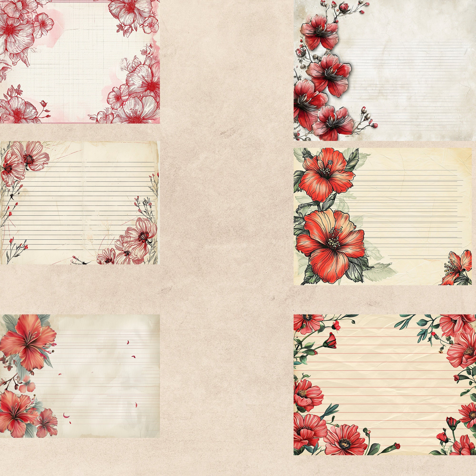 Junk Journal Printable, Red Floral Lined Journal Page, Floral Junk ...