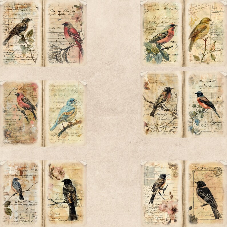 Vintage Antique Birds Junk Journal Pages, Digital Scrapbook Paper, Bird ...