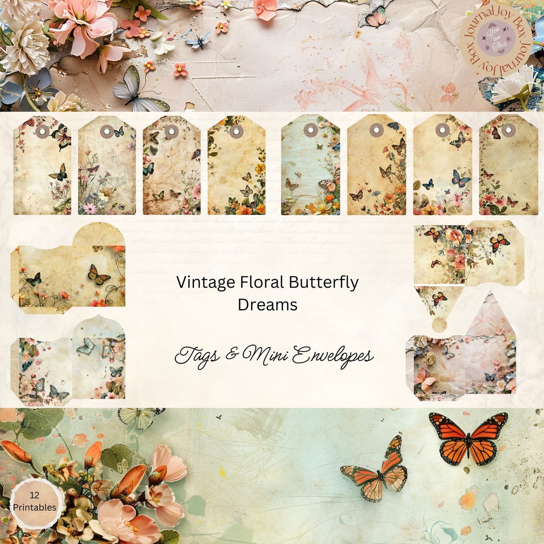 Butterfly Junk Journal Tags and Mini Envelopes, Butterfly Floral ...