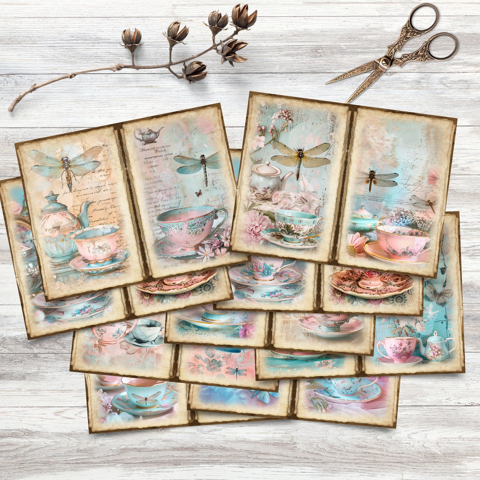 Junk Journal Printable, Tea for One Journal Papers, Dragonflies Journal ...