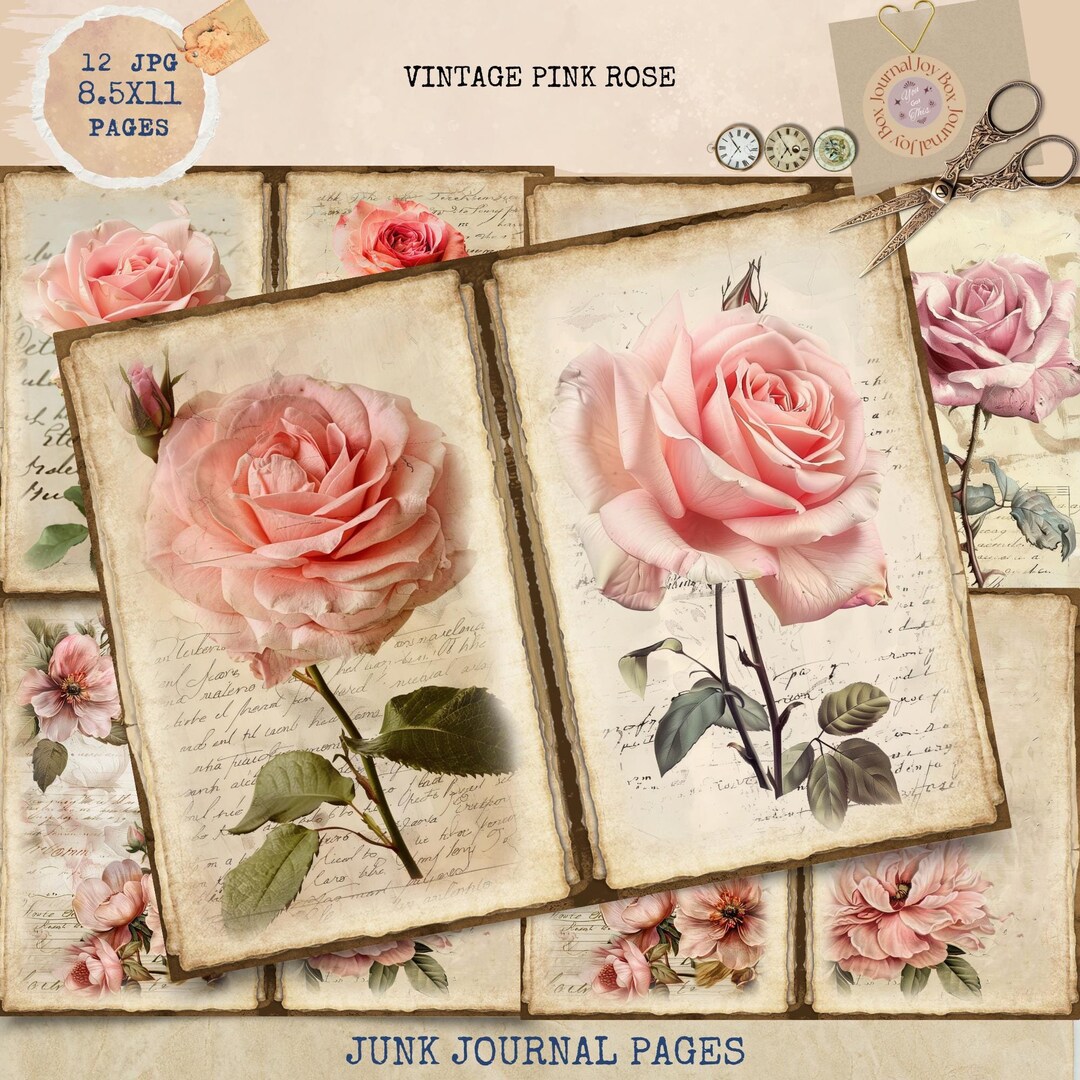 Junk Journal Printable, Pink Rose Journal Papers, Pink Floral Junk ...
