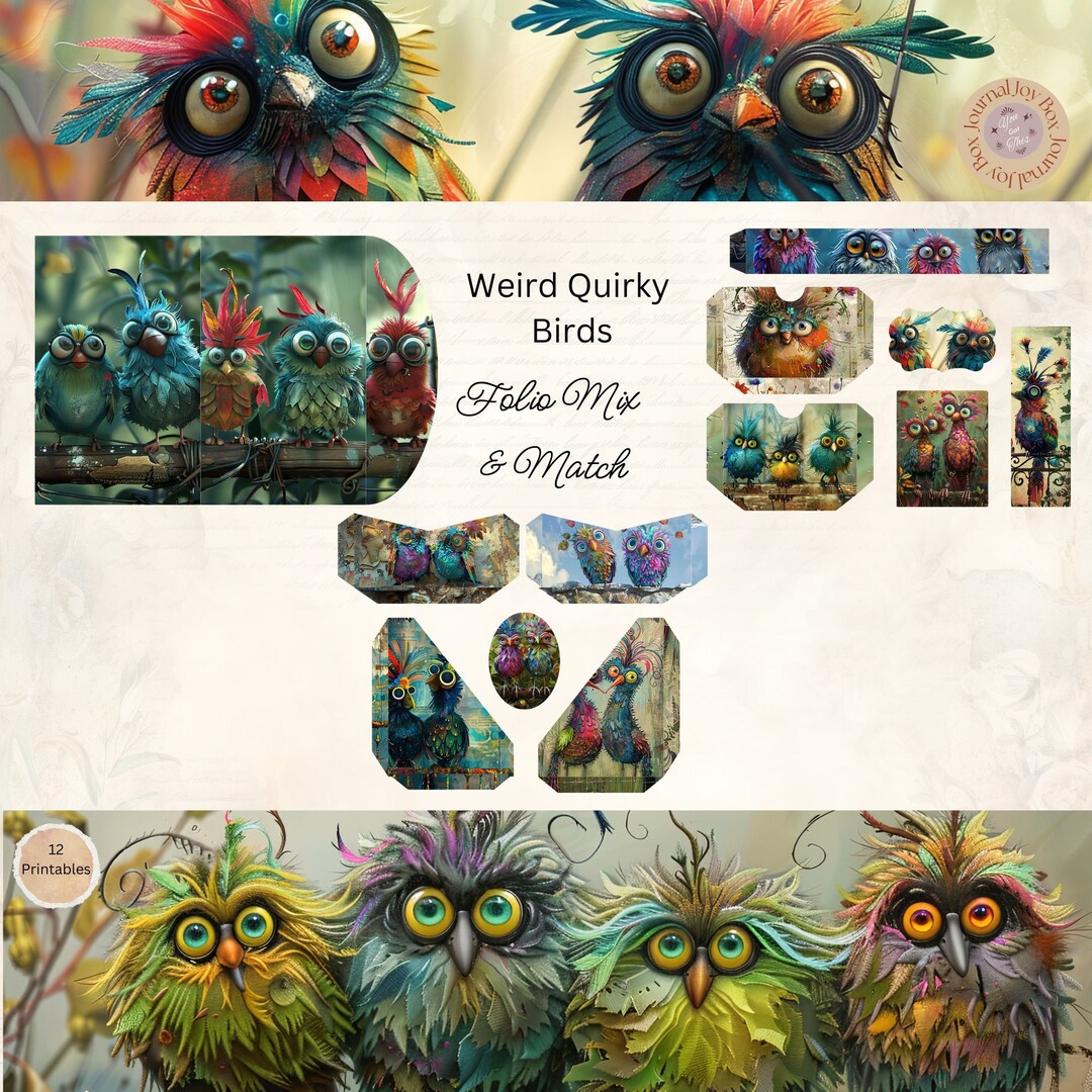 Weird Quirky Birds Junk Journal Folio Printable Bundle, 12 Piece Mix ...