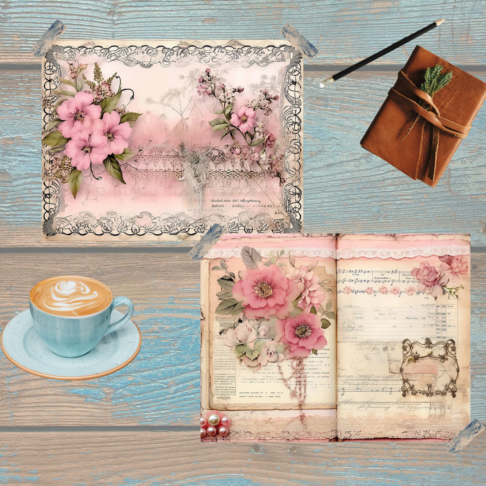 Junk Journal Printable, Pink Flowers and Lace Vintage Journal Pages ...