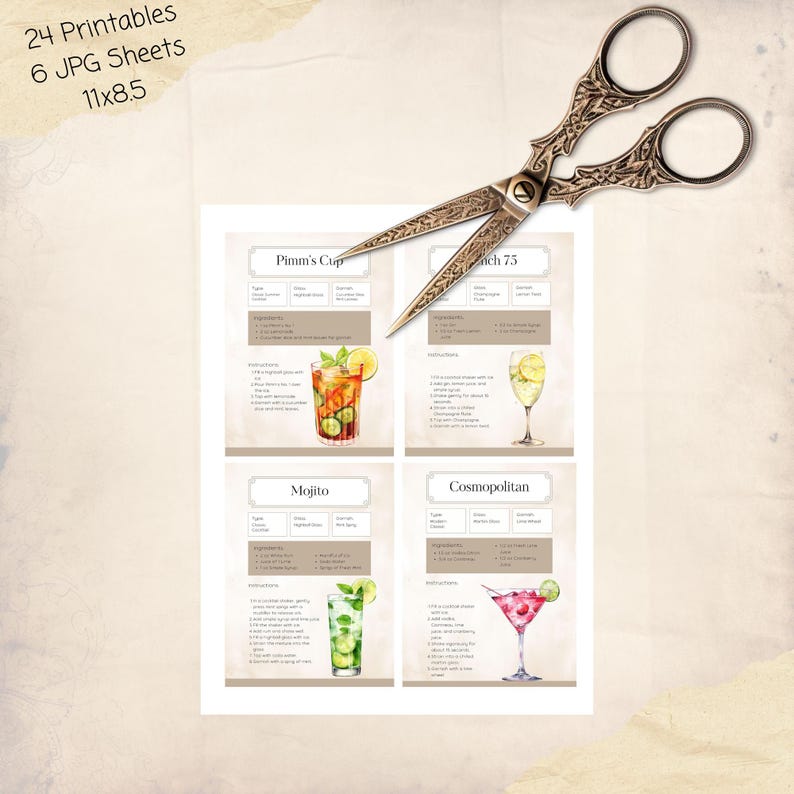 Printable Cocktail Recipe Cards for Junk Journals, Vintage Drink ...