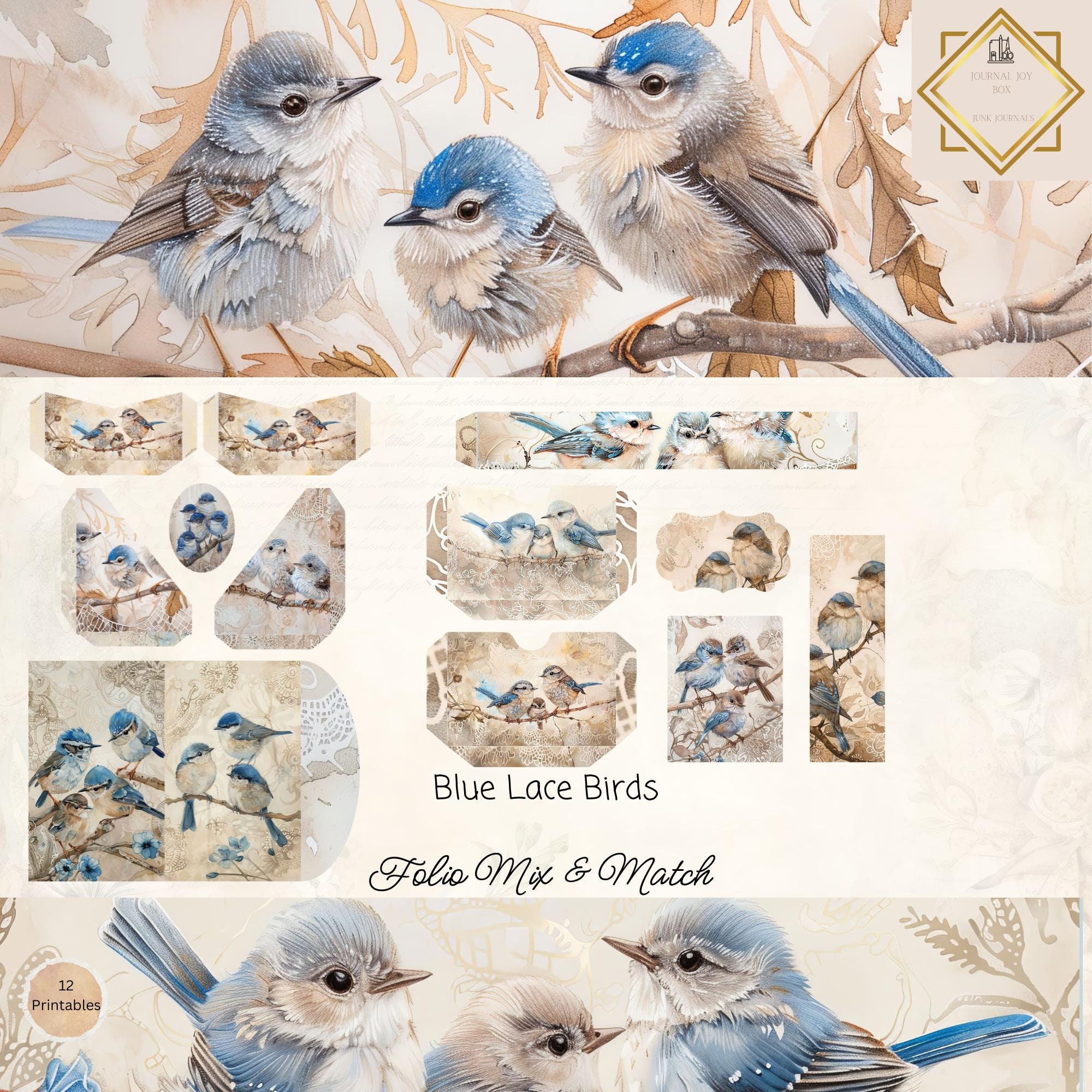 Vintage Blue Lace Birds Junk Journal Folio Mix and Match, Blue Birds ...