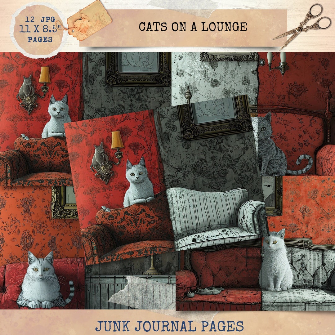 Junk Journal Printable, Lazy Cats, Vintage Journal Papers, Quirky Cat ...