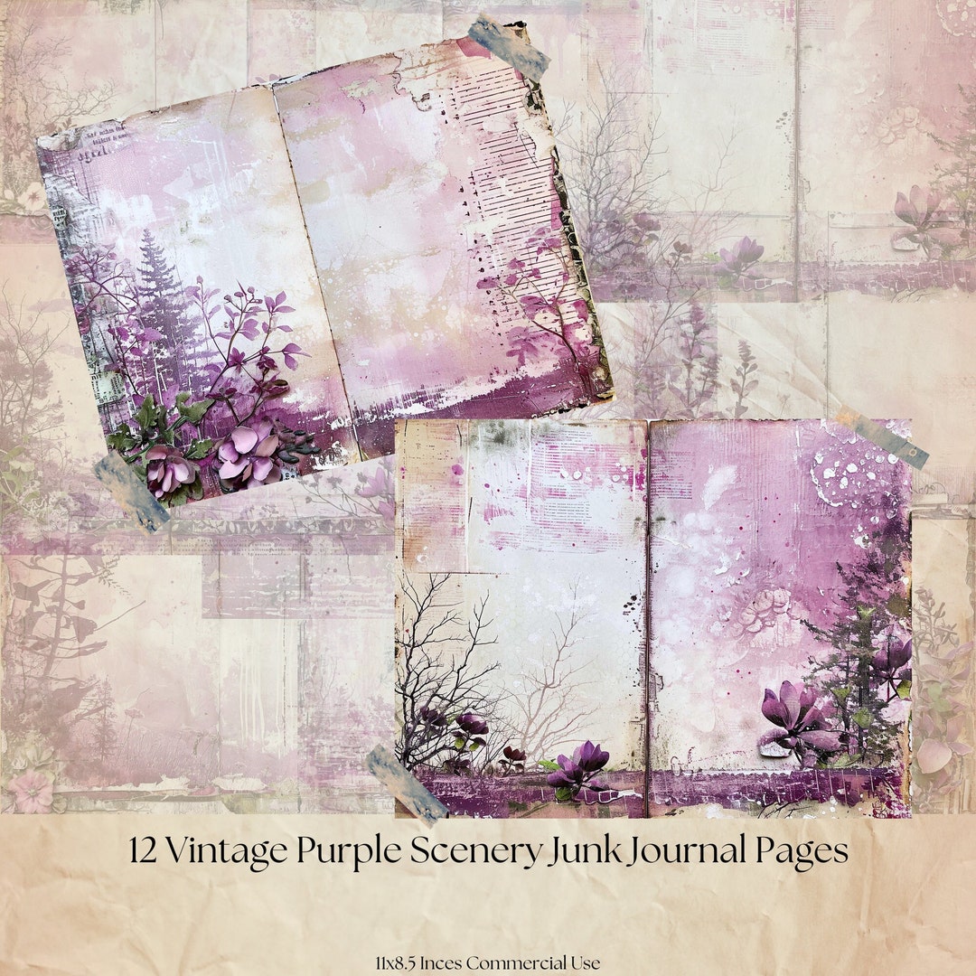 Junk Journal Printable, Purple Vintage Journal Papers, Scenery Junk ...