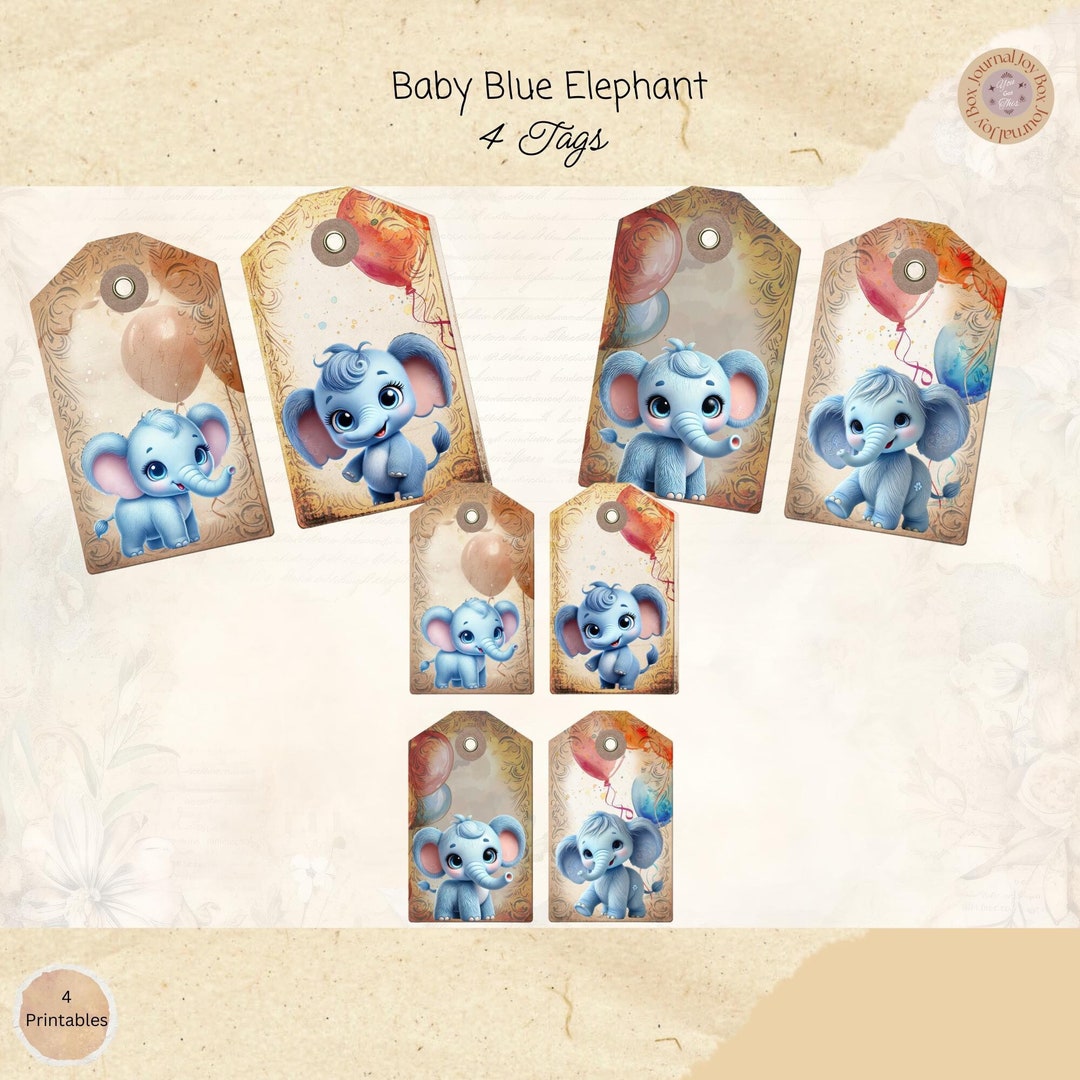 Blue Baby Elephant Junk Journal Tags, Printable Ephemera, X4 Blue ...