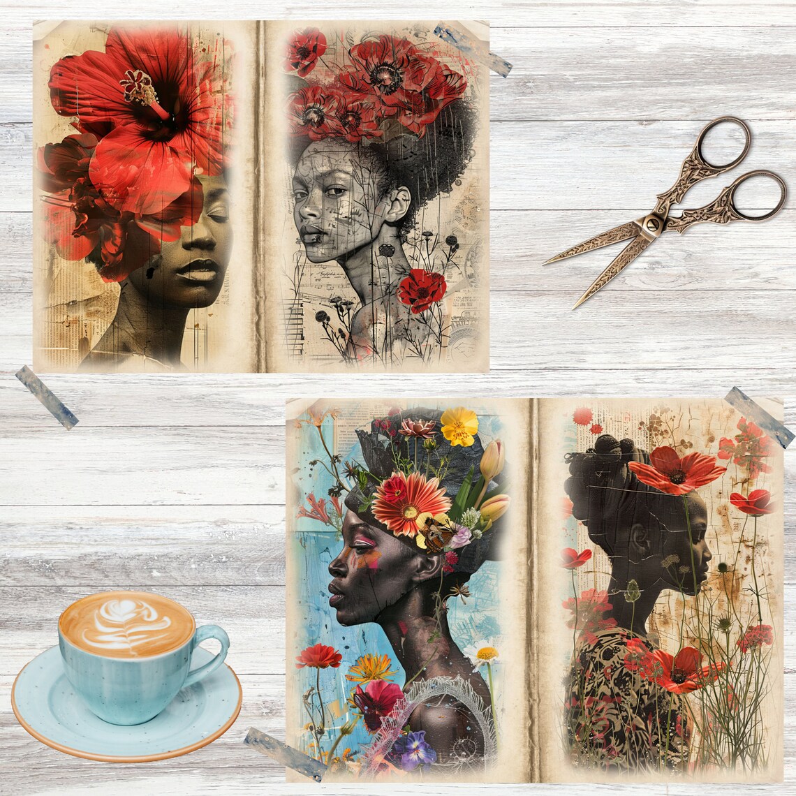 African American Flower Woman Junk Journal Pages, Digital Scrapbook ...