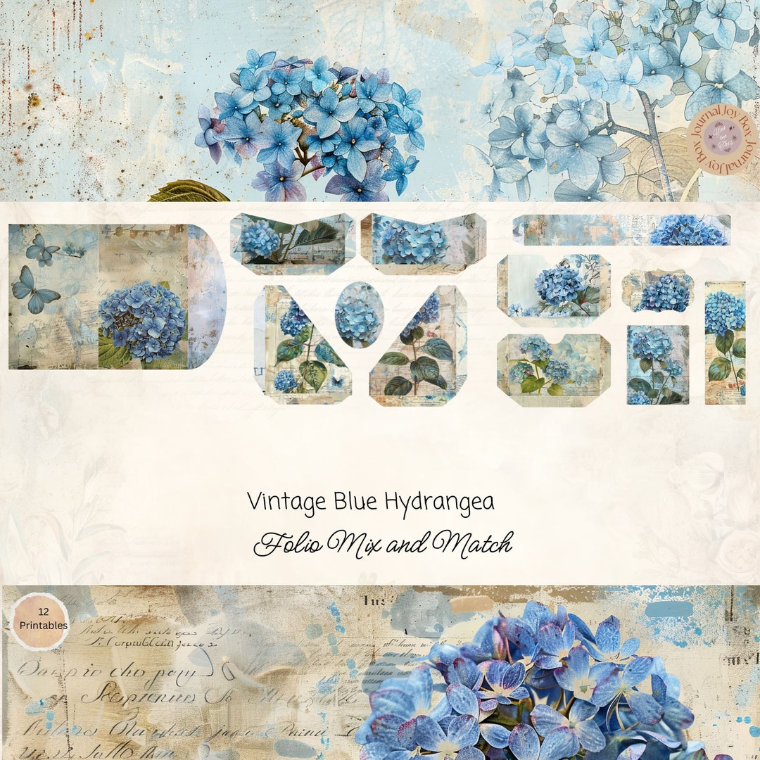 Blue Hydrangea Junk Journal Folio Printable Bundle, 12 Piece Mix ...