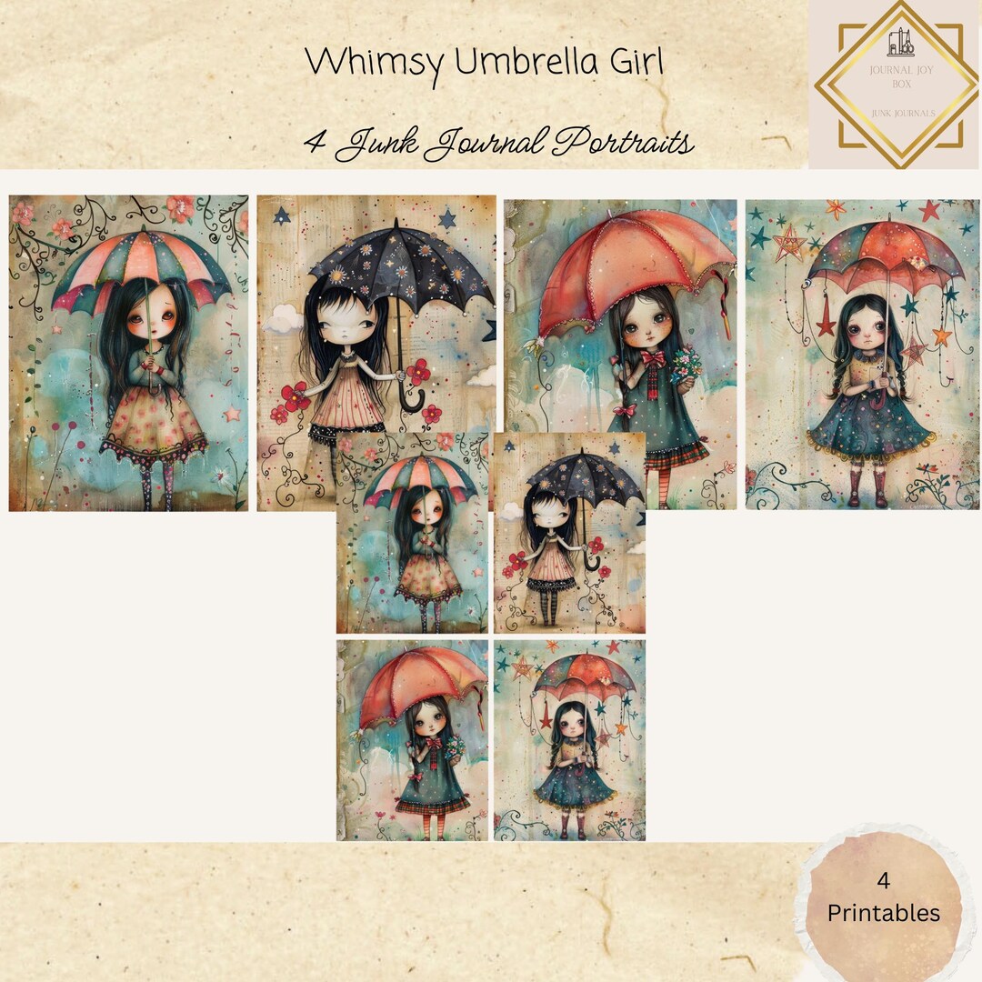 Whimsy Umbrella Girl Junk Journal Cards, 4 Cards, Whimsy Girl Printable ...