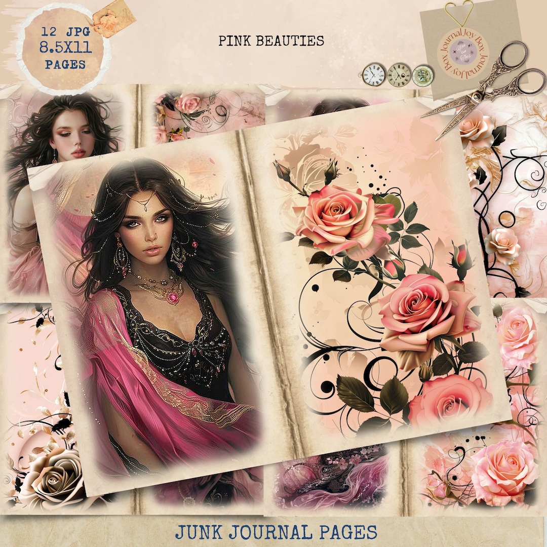 Junk Journal Printable, Pink Beauty Journal Papers, Pink Black Dress ...