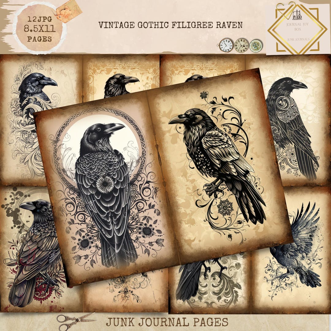 Junk Journal Printable, Vintage Gothic Filigree Raven Journal Papers ...