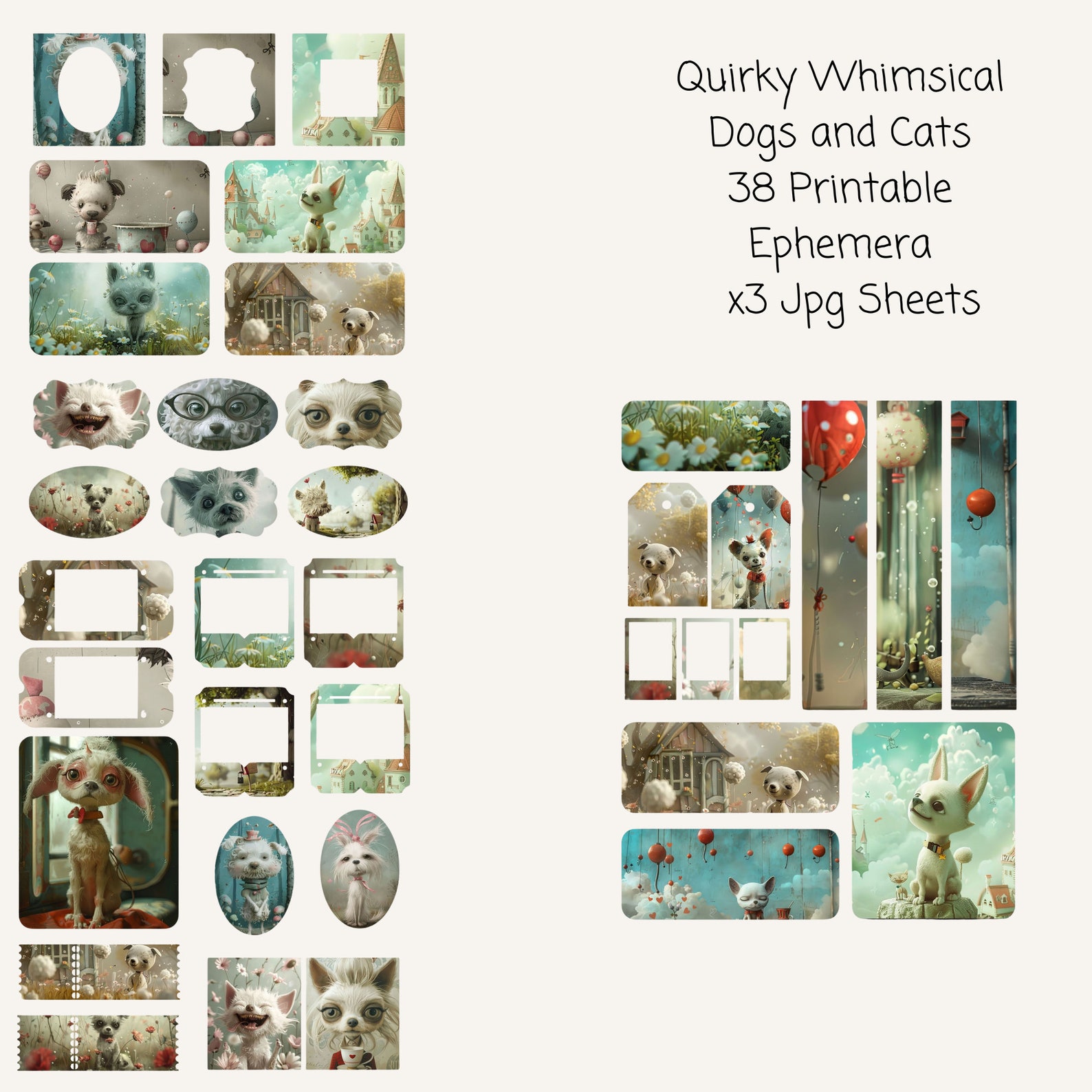 Quirky Dogs Ephemera Cards, 38 Mini Extras Pack, Dog Printable Ephemera ...