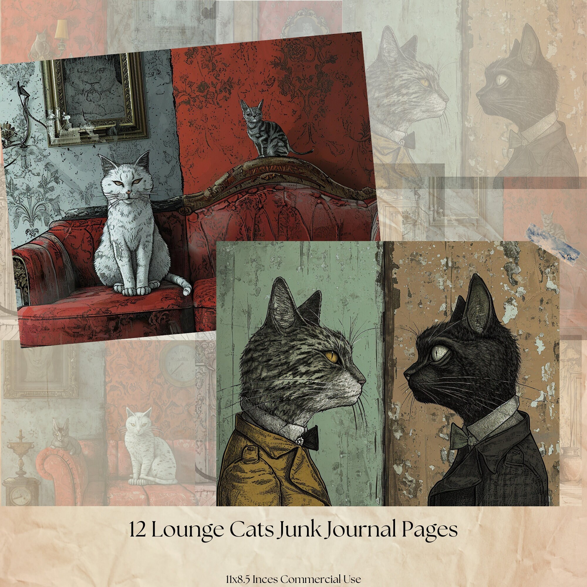 Junk Journal Printable, Cats on a Lounge, Vintage Journal Papers ...