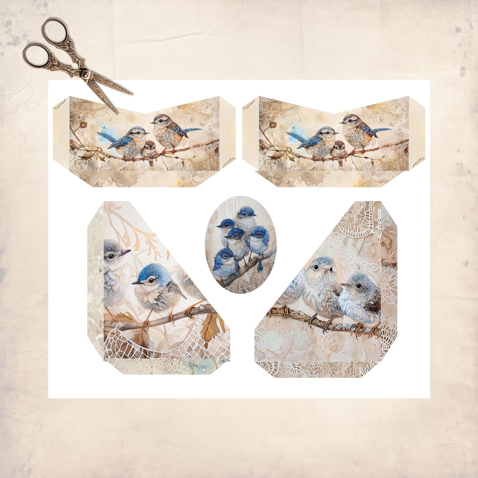 Vintage Blue Lace Birds Junk Journal Folio Mix and Match, Blue Birds ...