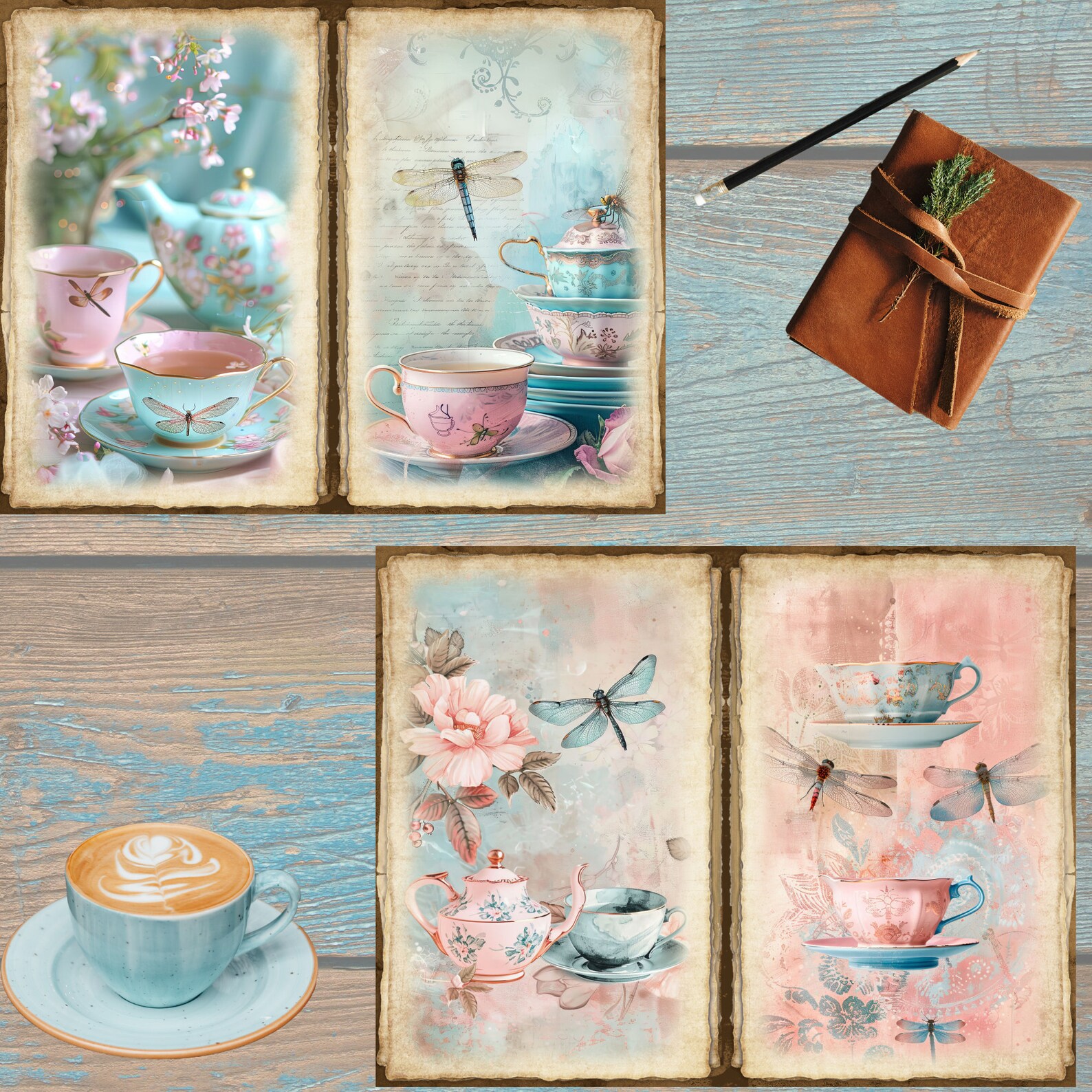 Junk Journal Printable, Tea for One Journal Papers, Dragonflies Journal ...