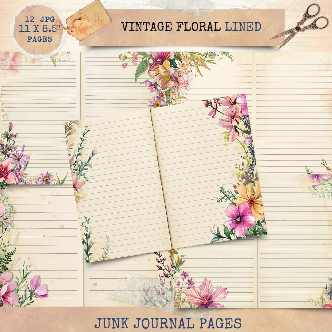 Junk Journal Printable, Floral Lined Journal Pages, Floral Junk Journal ...