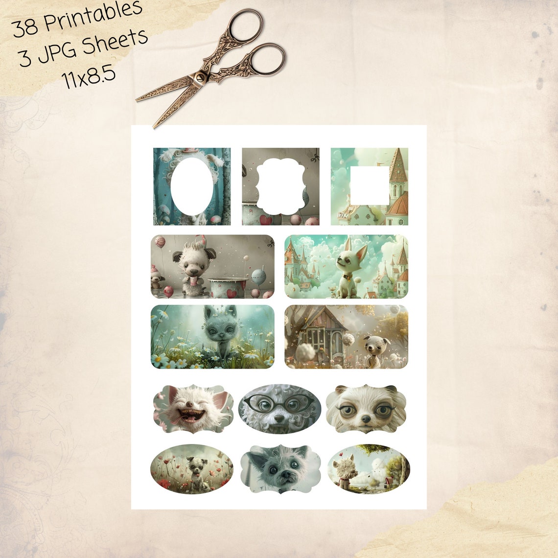 Quirky Dogs Ephemera Cards, 38 Mini Extras Pack, Dog Printable Ephemera ...