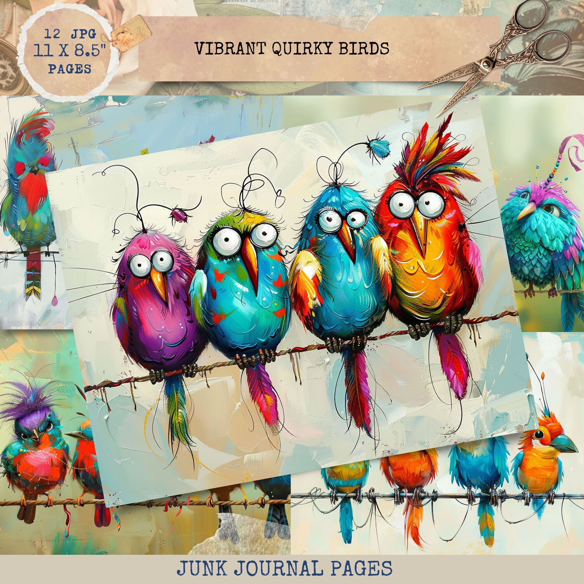 Quirky Birds Junk Journal, Bird Pages, Bird on a Rope Junk Journal ...