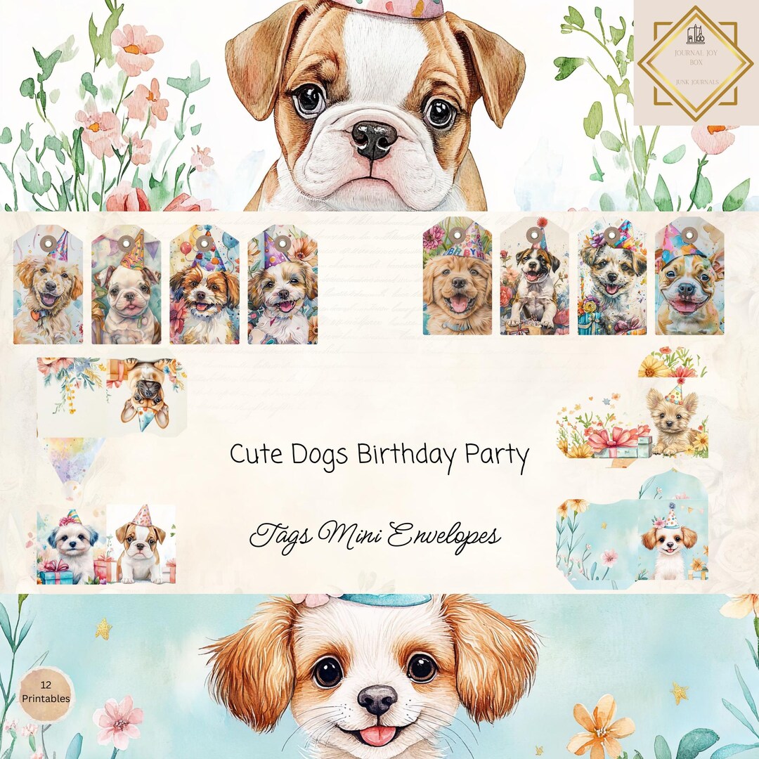 Dogs Birthday Junk Journal Tags and Mini Envelopes, Party Dogs ...