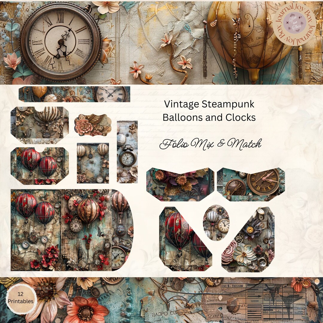 Steampunk Balloons and Clocks Junk Journal Folio Printable Bundle, 12 ...