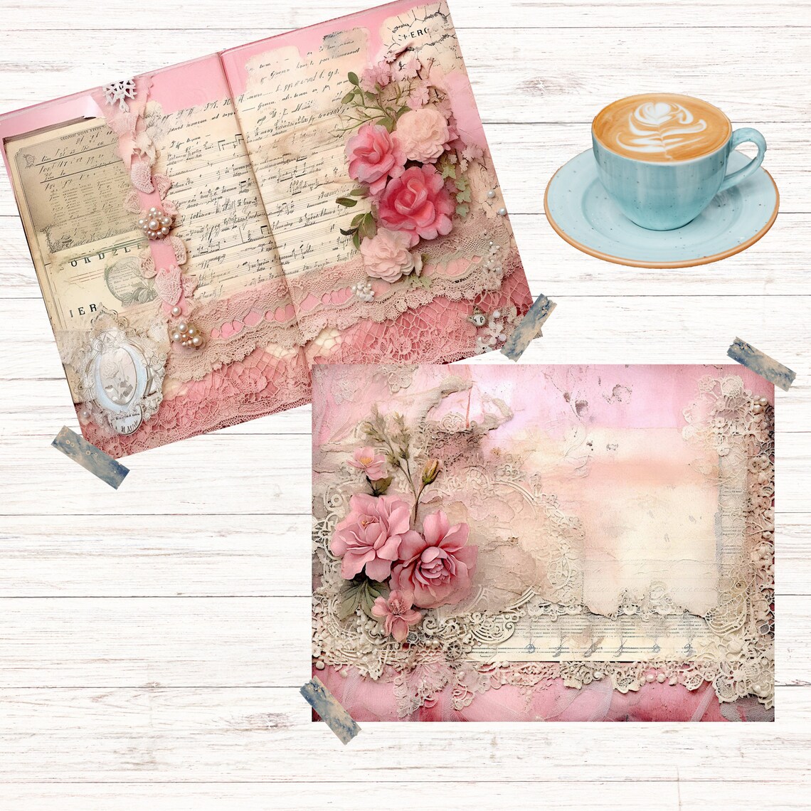 Junk Journal Printable, Pink Flowers and Lace Vintage Journal Pages ...