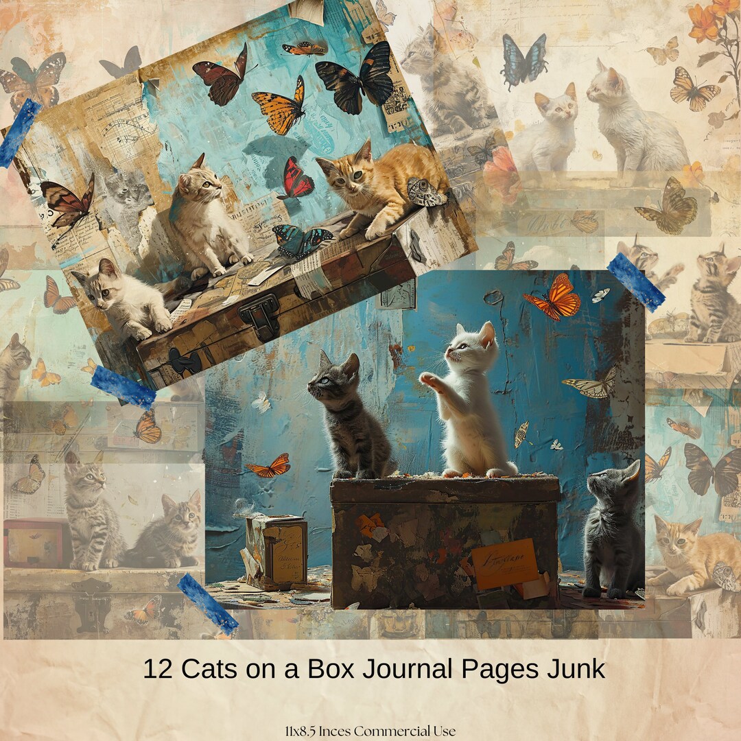 Junk Journal Printable, Cats on a Box, Vintage Journal Papers, Cute ...