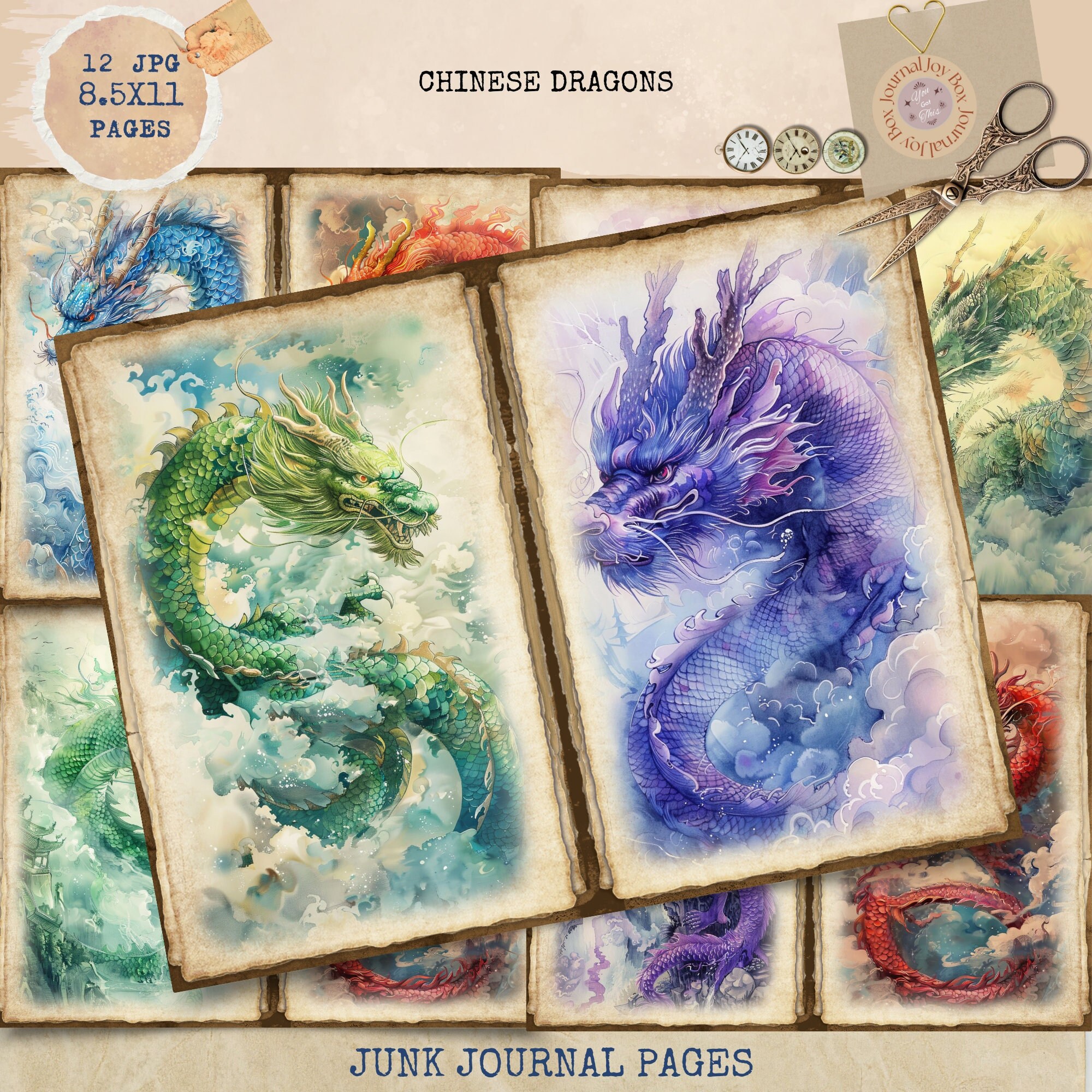 Junk Journal Printable, Dragons Ephemera, Chinese Dragons Journal Pages ...