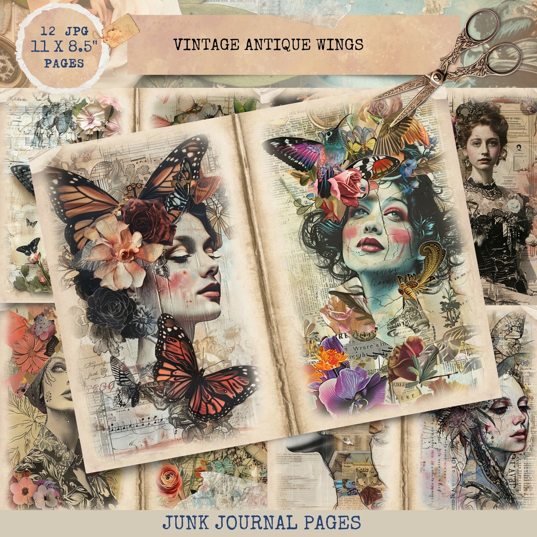 Vintage Antique Wings Junk Journal Pages, Digital Scrapbook Paper ...