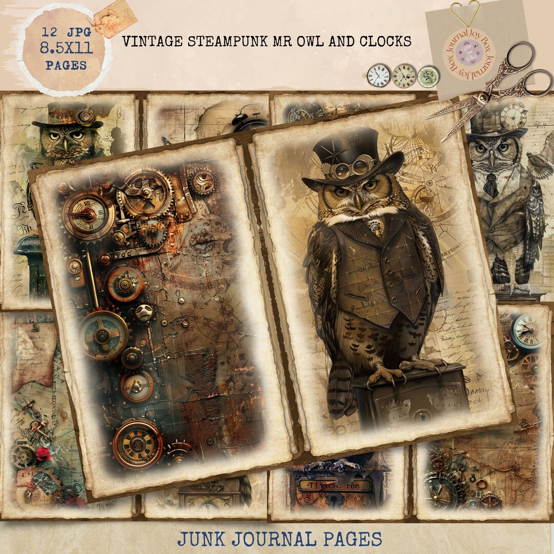 Junk Journal Printable, Steampunk Owl Journal, Owl and Clock Journal ...