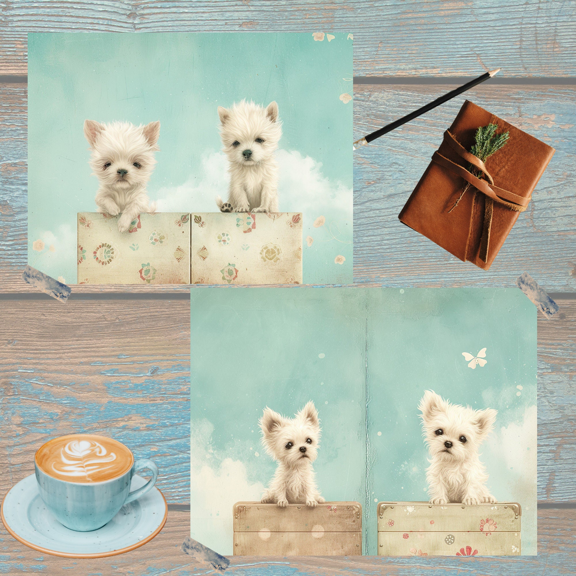 Junk Journal Printable, Puppies on a Box, Vintage Journal Paper ...