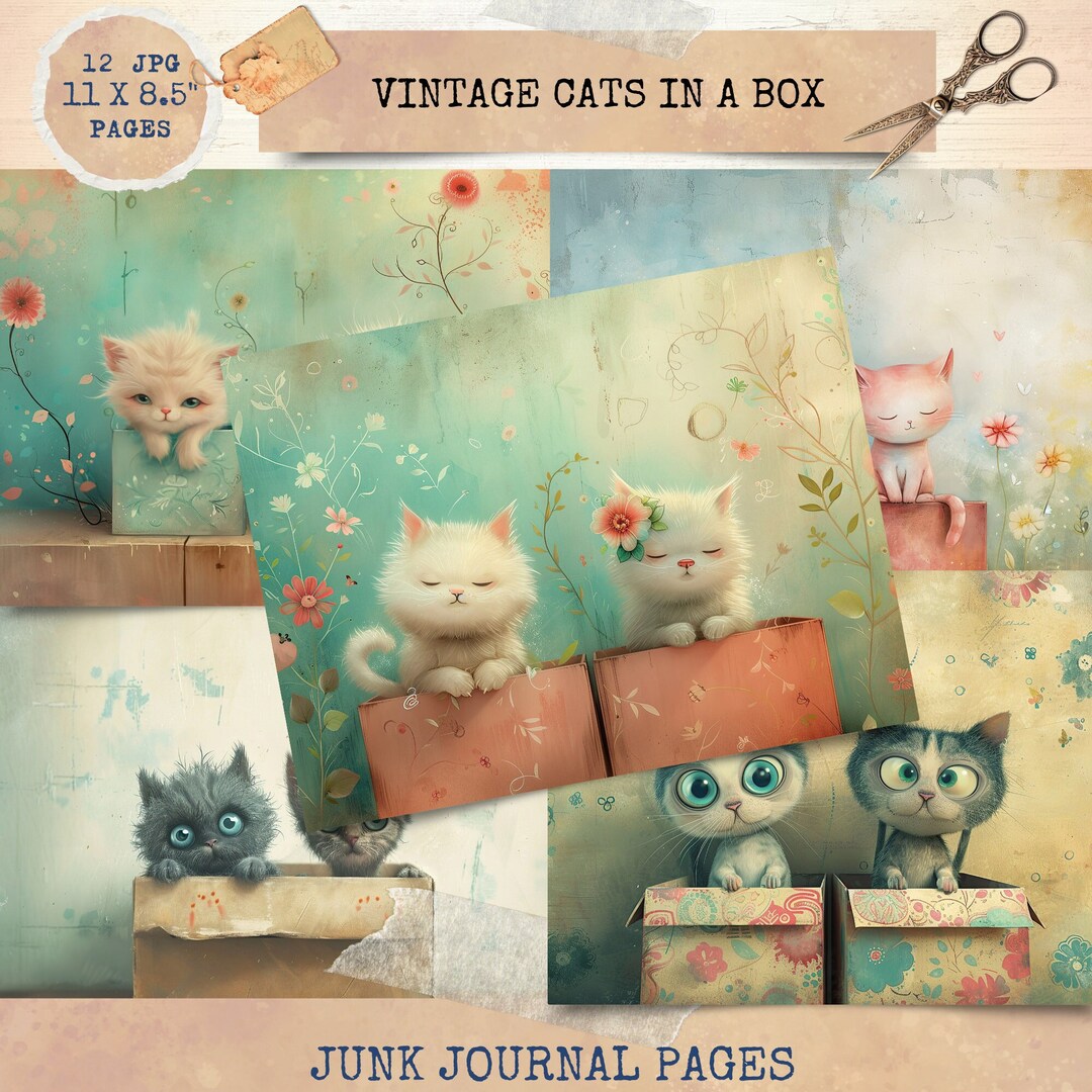 Junk Journal Printable, Cats in a Box Vintage Journal Papers, Cats Junk ...