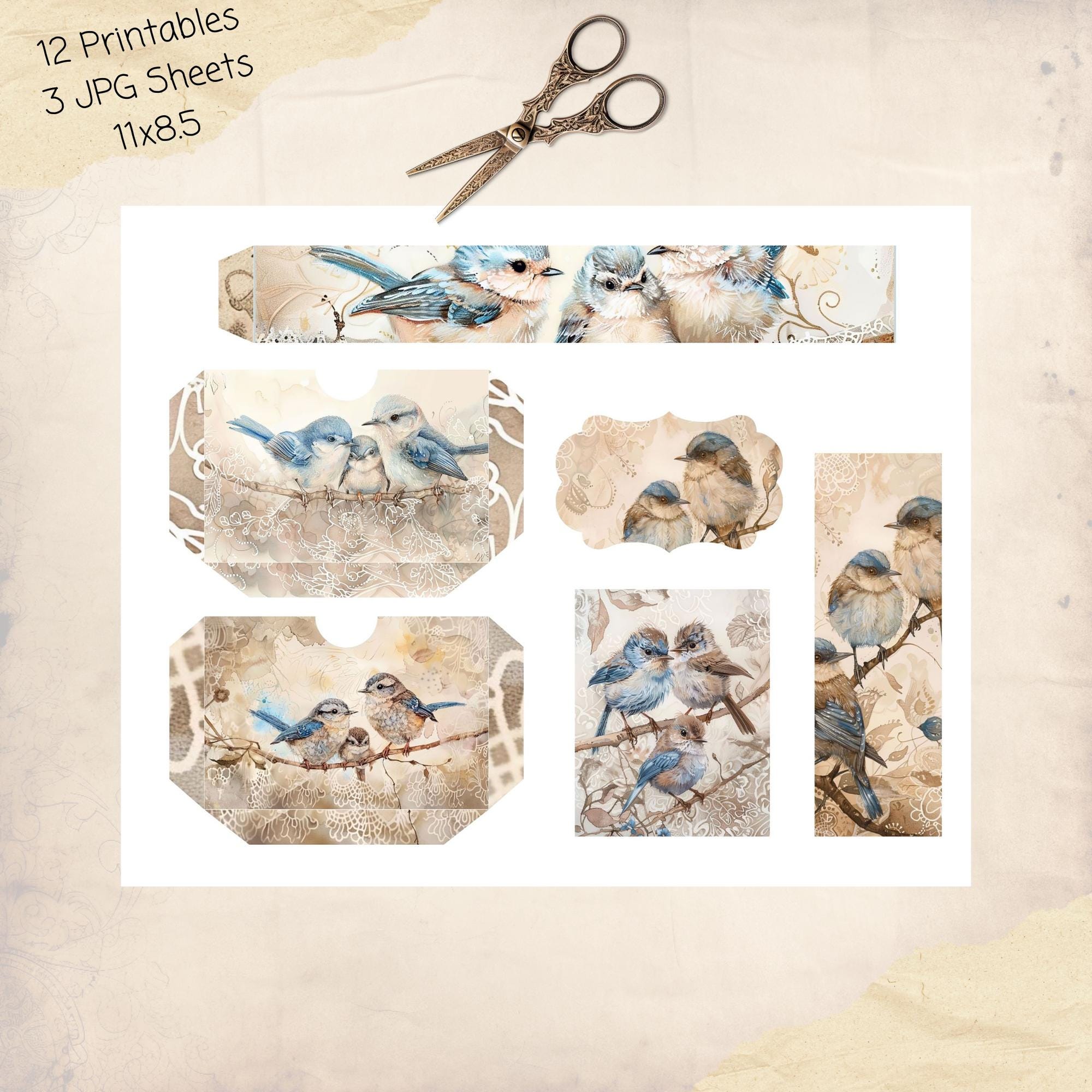 Vintage Blue Lace Birds Junk Journal Folio Mix and Match, Blue Birds ...
