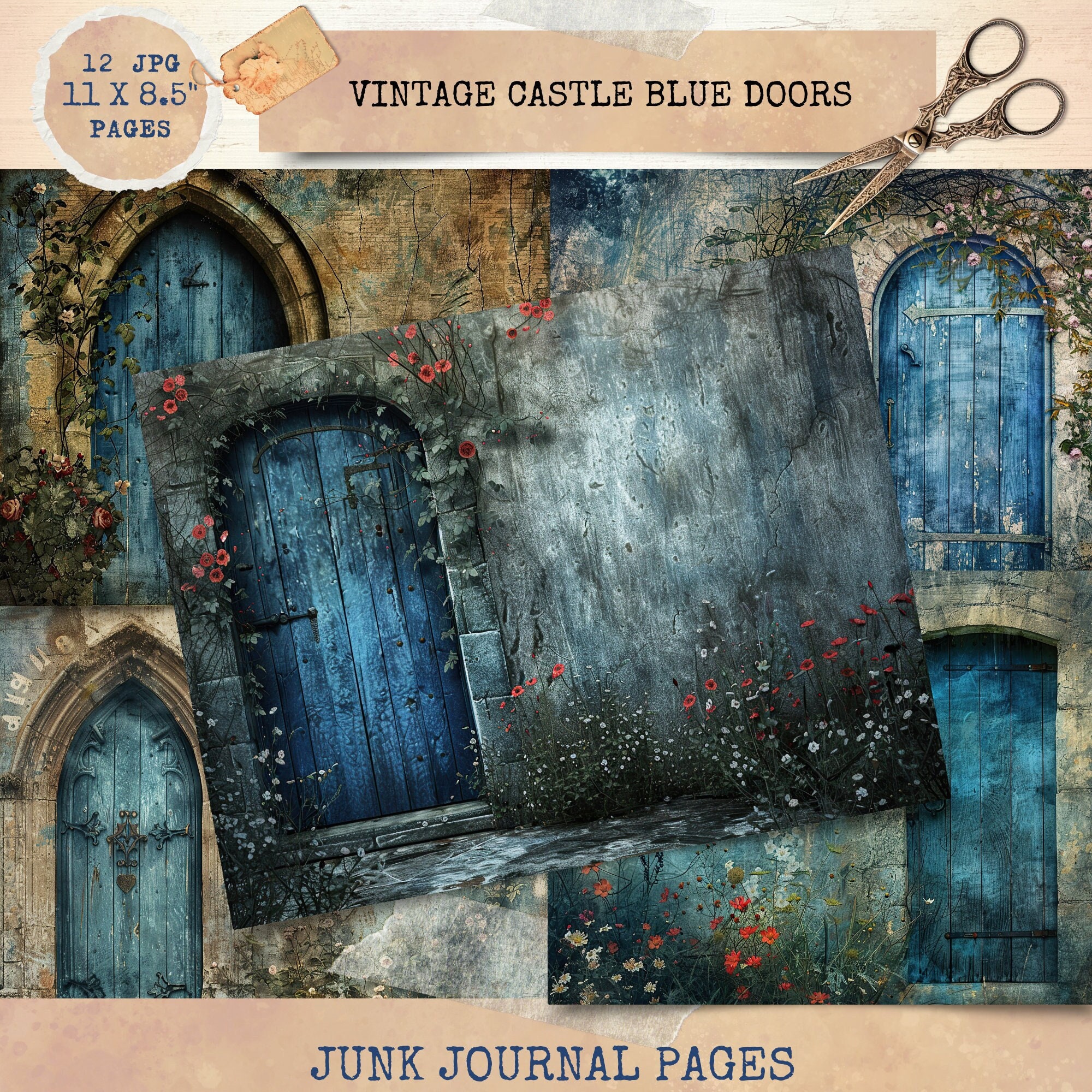 Junk Journal Printable, Wooden Blue Doors, Vintage Journal Pages, Doors ...
