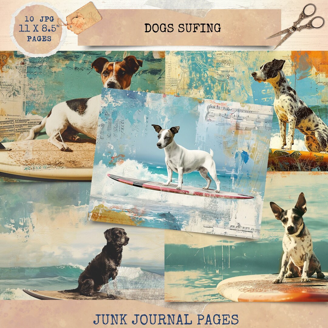 Junk Journal Printable, Dogs on a Surfboard, Vintage Journal Papers ...