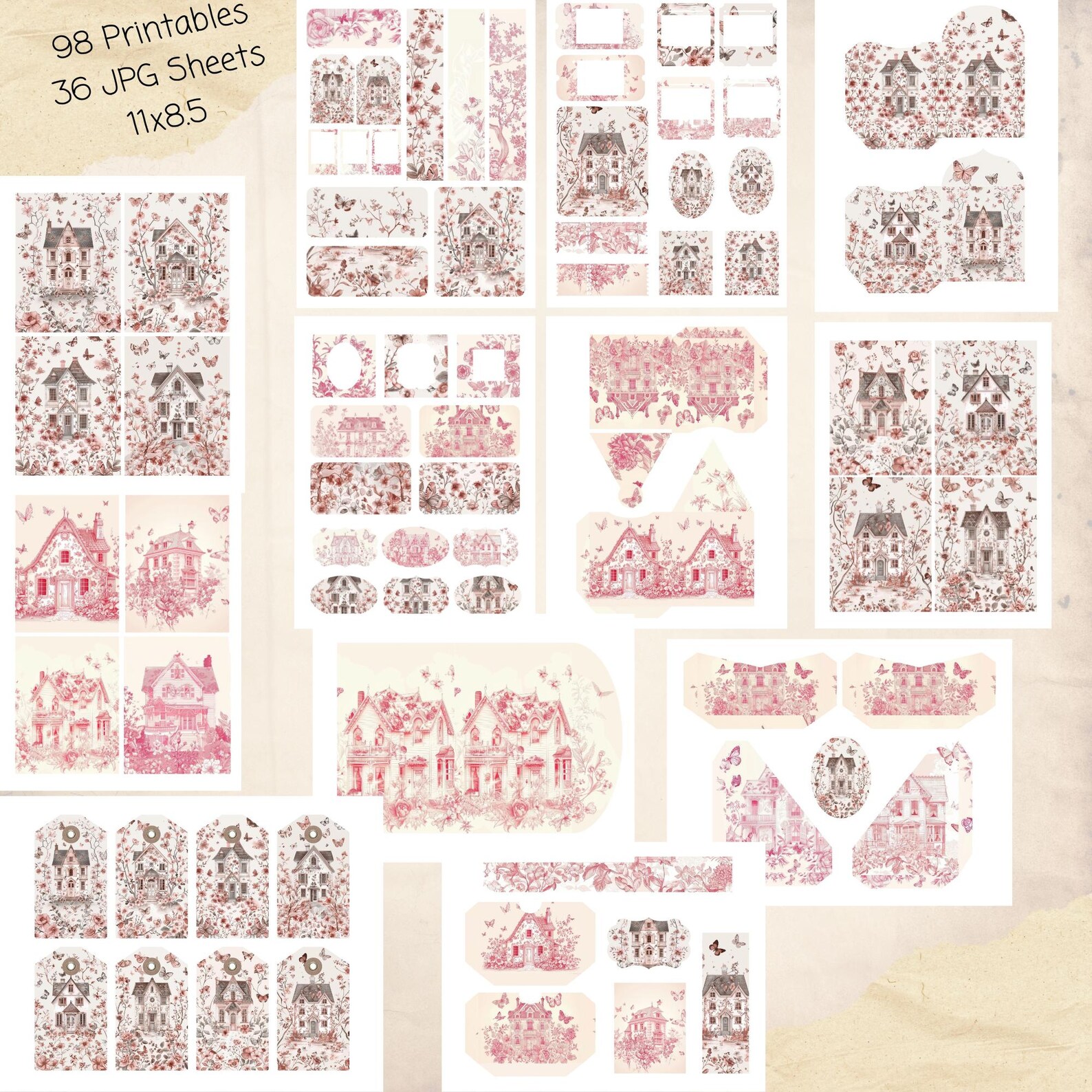 Mega Junk Journal Kit "pink Toile Floral Home" 98 Piece Pink Printable ...