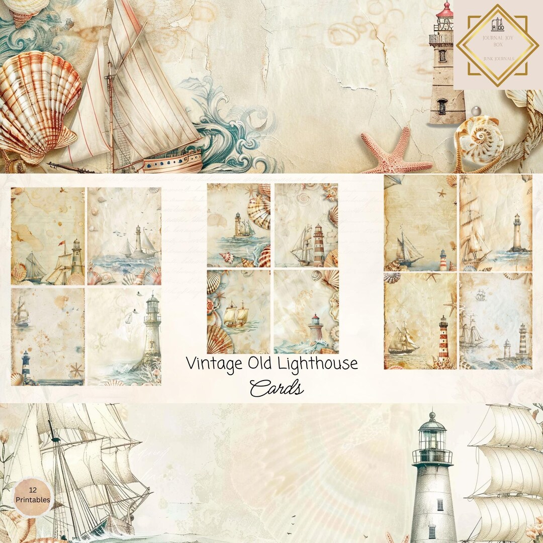 Vintage Old Lighthouse Journal Cards, 12 Cards, Printable Ephemera ...