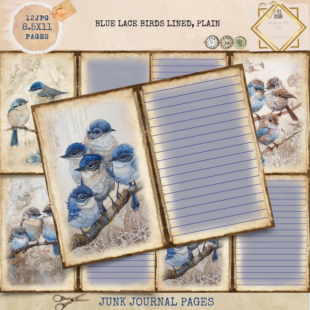 Junk Journal Printable, Vintage Blue Birds Page, Birds Lined Junk ...