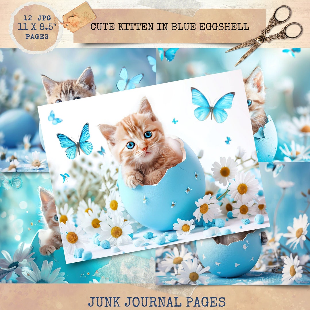 Junk Journal Printable, Kitten in Blue Eggshell Journal Paper, Kitten ...