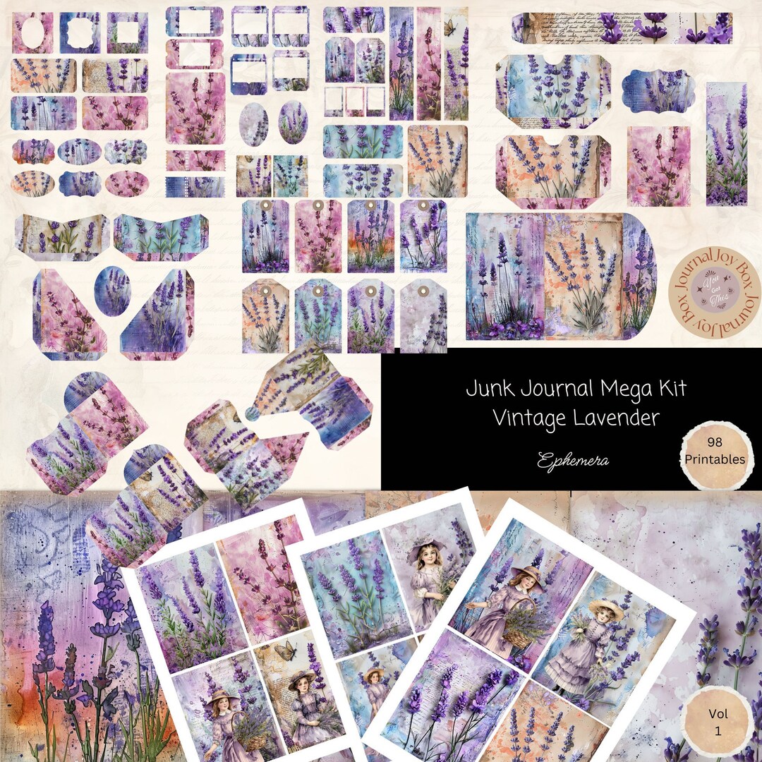 Mega Junk Journal Kit "lavender" 98 Piece Lavender Printable Papers ...