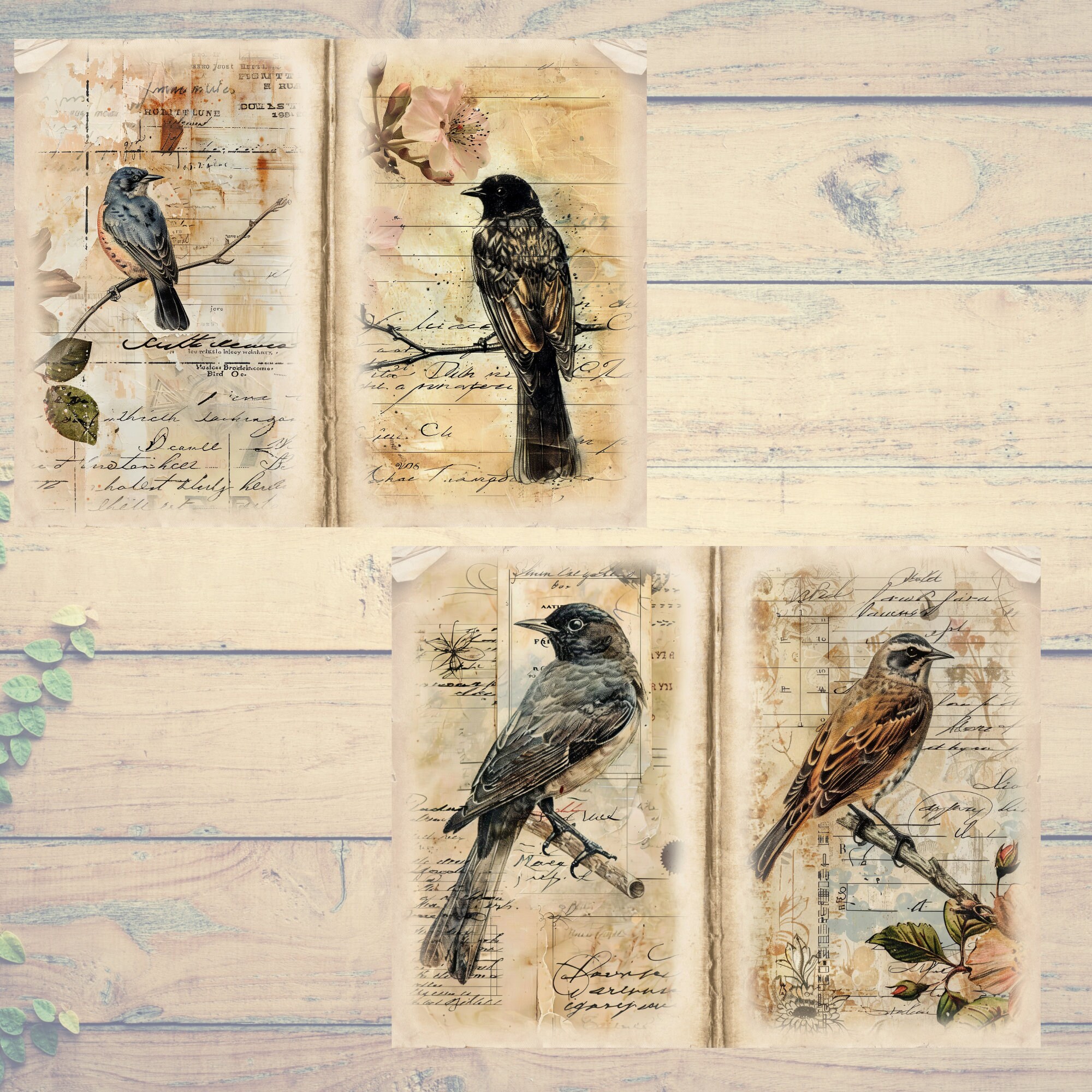 Vintage Antique Birds Junk Journal Pages, Digital Scrapbook Paper, Bird ...