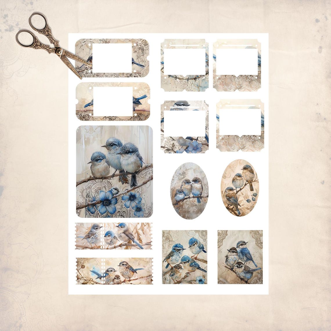 Vintage Blue Lace Birds Ephemera Cards, 38 Mini Extras Pack, Birds ...